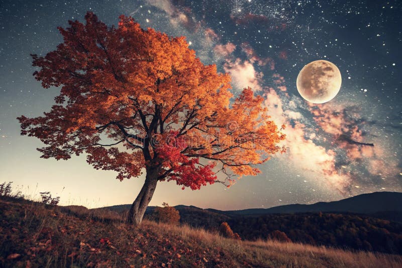 Autumn Maple Tree Under Full Moon with Milky Way Stock Illustration ...