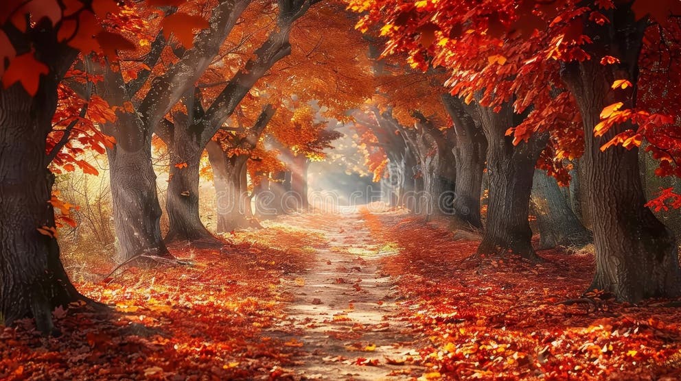 Autumn Maple Trees Path Covered in Fallen Leaves, Sunlight Streaming ...