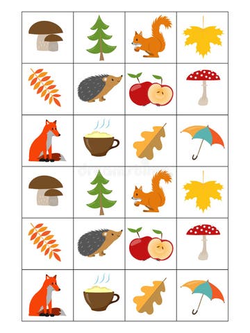 Autumn Memory Game Cards with Cute Objects. Matching Activity. Remember ...