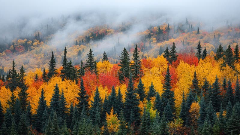 A Landscape of Autumn Mist-Shrouded Mountain Forest Stock Illustration ...