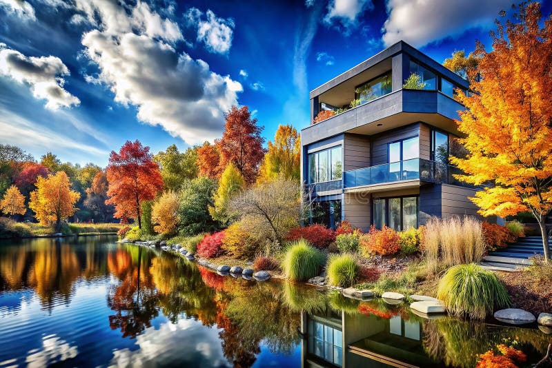 Autumn Modern House Reflecting on Pond Stock Illustration ...