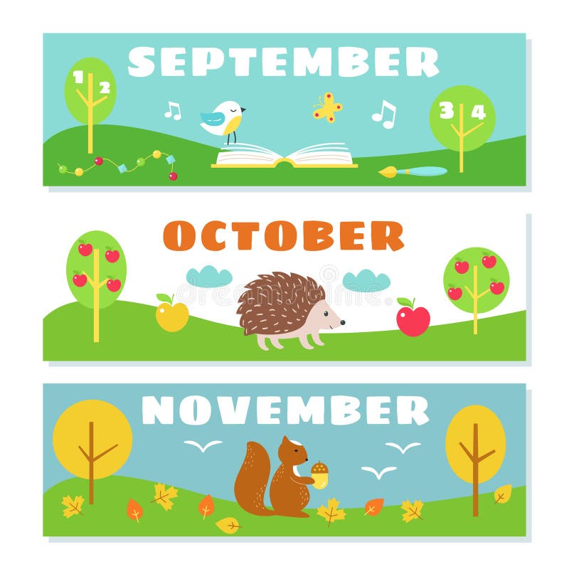 Autumn Months Calendar Flashcards Set. Stock Illustration ...