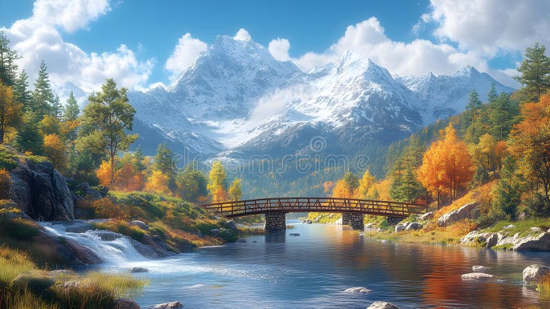 Autumn Mountain Landscape with Bridge and Waterfall Stock Illustration ...