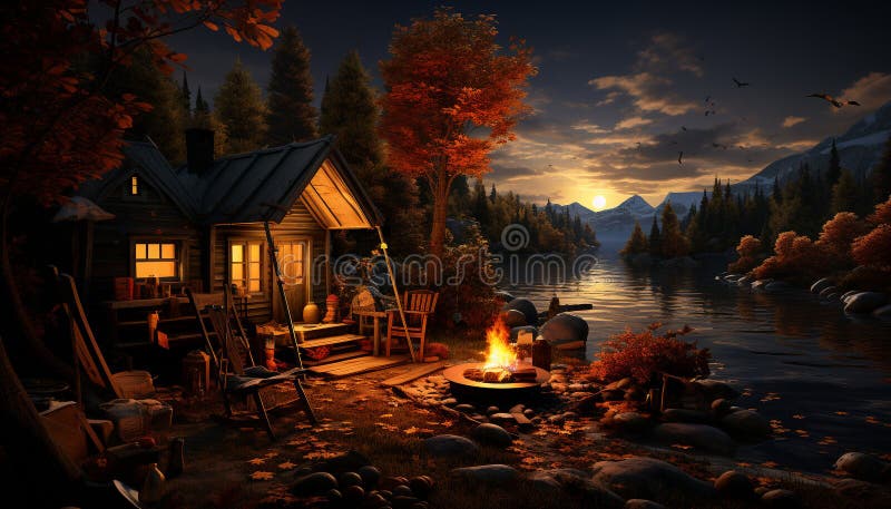 Autumn Mountain Landscape, Campfire Flame Dances in Tranquil Dusk ...