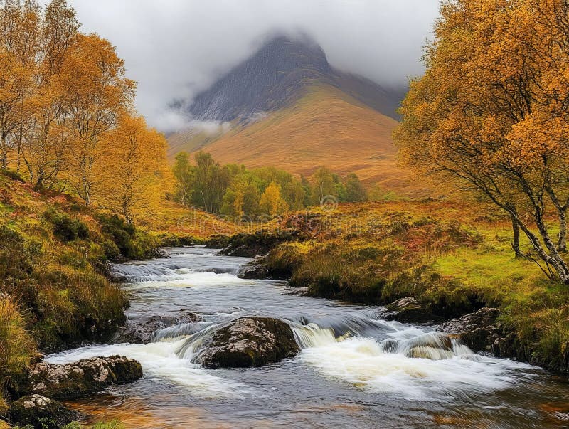 Autumn Mountain Stream with Colorful Trees and Misty Peak Stock Image ...