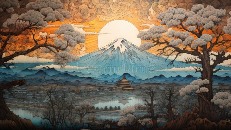 Autumn Mountain and Tree Japanese Art Print Stock Illustration ...