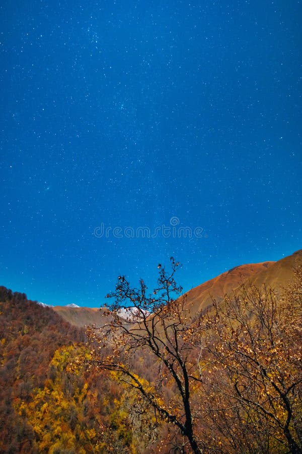 Autumn Mountains Landscape with Night Starry Sky Stock Photo - Image of ...
