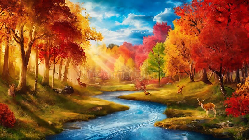 Bright Sun in Autumn Forest , Light Rays Fall Landscape Tree, Fantasy ...