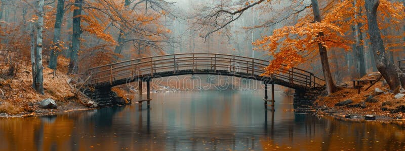 Tranquil Lake Surrounded by Vibrant Fall Foliage with a Bridge Stock ...