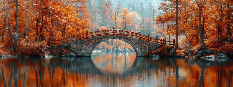 Tranquil Lake Surrounded by Vibrant Fall Foliage with a Bridge Stock ...