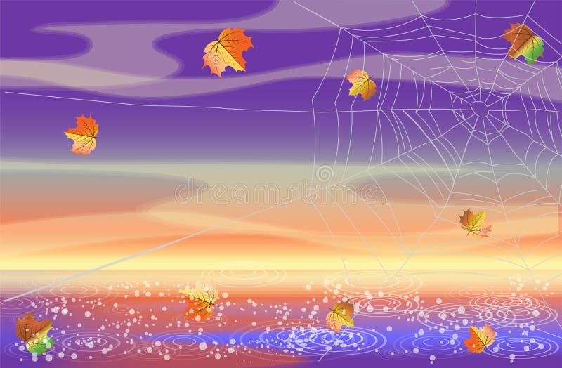 Autumn Nature Wallpaper with Maple Leaf and Spider Web, Vector Stock ...