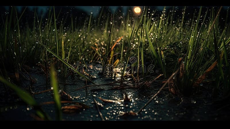 Autumn Night Dew on Green Meadow. Stock Illustration - Illustration of ...