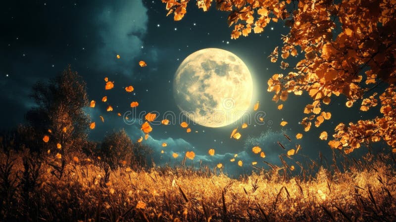 Autumn Night Landscape with Full Moon and Falling Leaves Stock ...