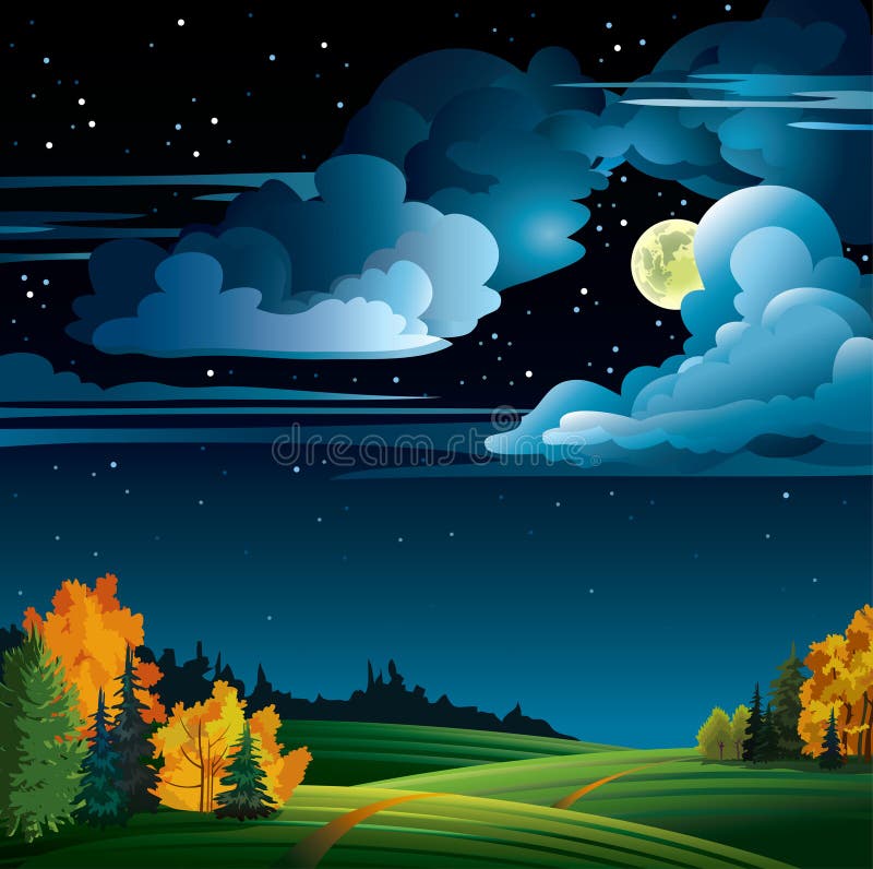 Autumn Night with Moon and Trees Stock Illustration - Illustration of ...
