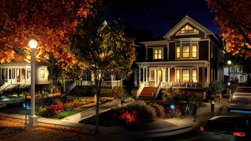 Autumn Night Scene Suburban Homes Illuminated Stock Illustration ...