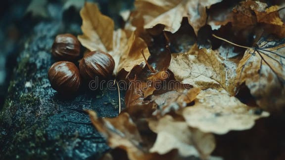 Autumn Nuts Amidst Damp Leaves Stock Photo - Image of forest, nuts ...