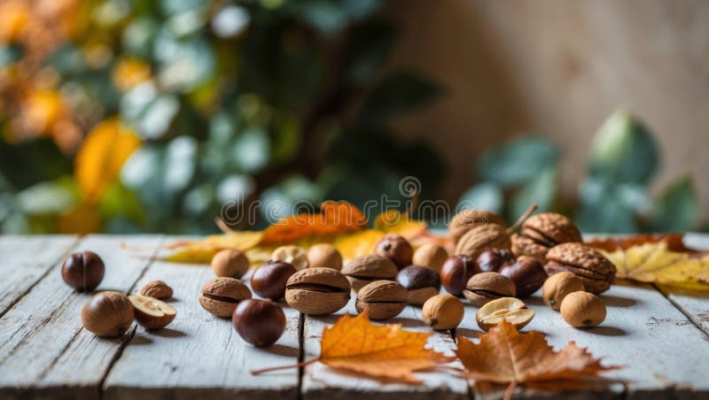 Autumn Nuts and Leaves on Wooden Surface in Natural Setting Stock Photo ...