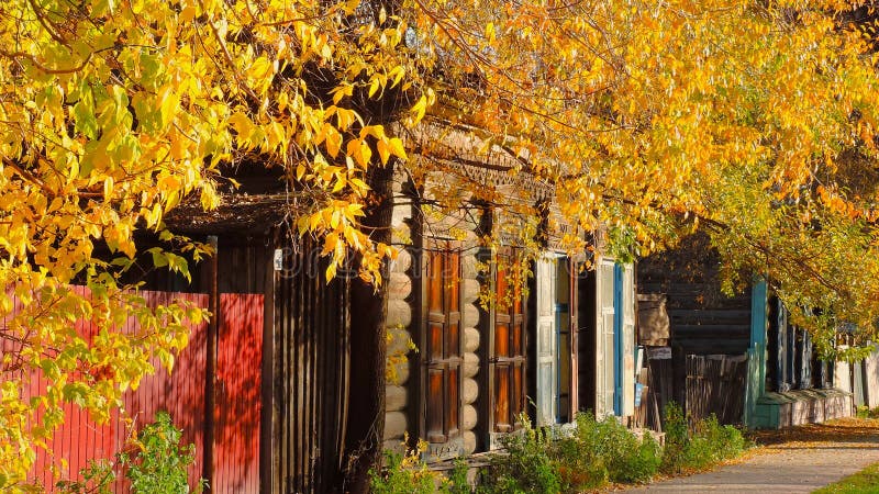 Autumn old russian house stock photo. Image of flower - 329335136