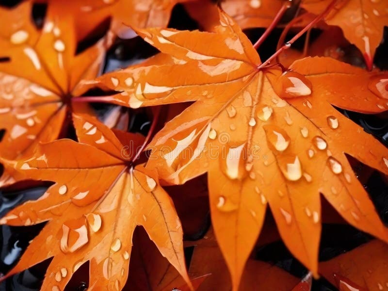 Autumn Orange Leaves with Water Drops Warm Natural Light Stock ...