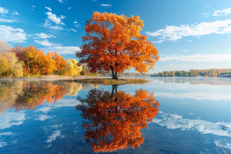 Autumn Orange Tree Against Blue Sky with Reflection in Water Stock ...