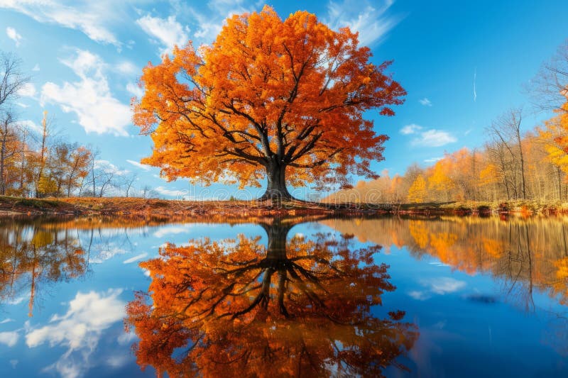 Autumn Orange Tree with Reflection in Water Stock Image - Image of lake ...