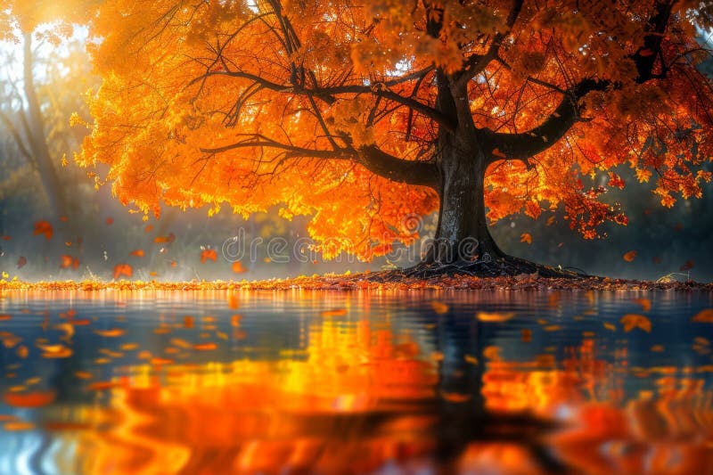 Autumn Orange Tree with Reflection in Water Stock Photo - Image of ...