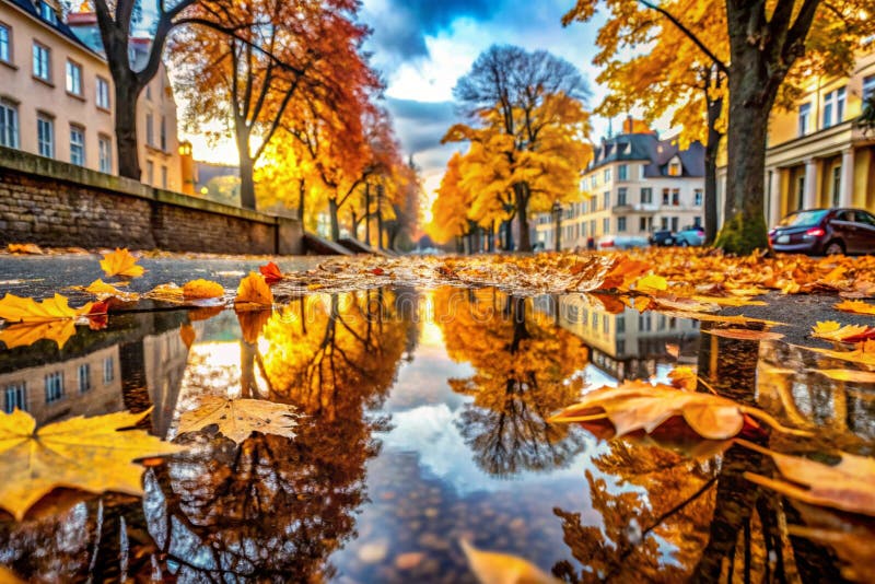 Autumn in Oslo Fall Leaves and Puddle Reflection Stock Illustration ...