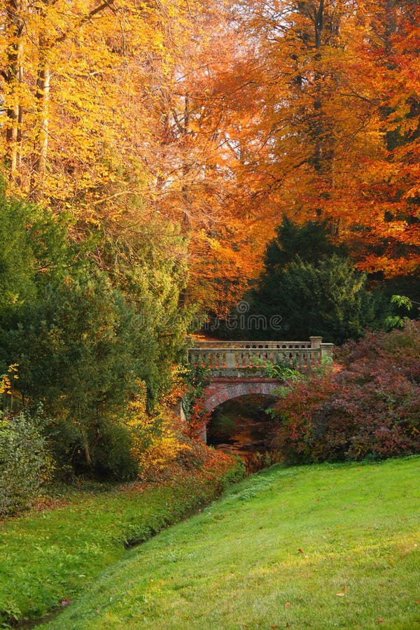 Beautifull Scenic Arched Wooden Bridge with Fall Leaves in Autumn ...