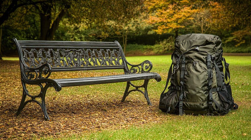 Autumn Park Bench, Backpack Rest, Leaves, Travel Break Stock ...