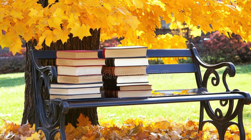 Autumn Park Bench, Books, Leaves, Reading, Study, Fall Stock Image ...