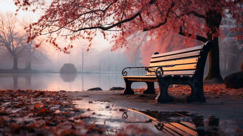 An Autumn Park with Bench at Morning Fog in Winter Stock Photo - Image ...