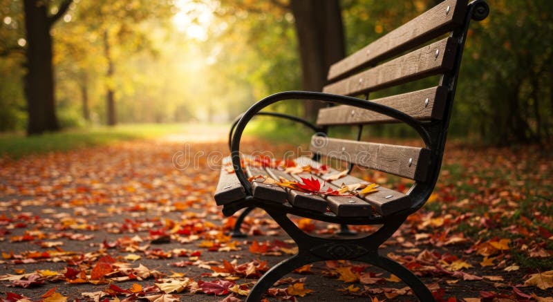 Autumn Park Bench with Red and Orange Leaves Stock Illustration ...