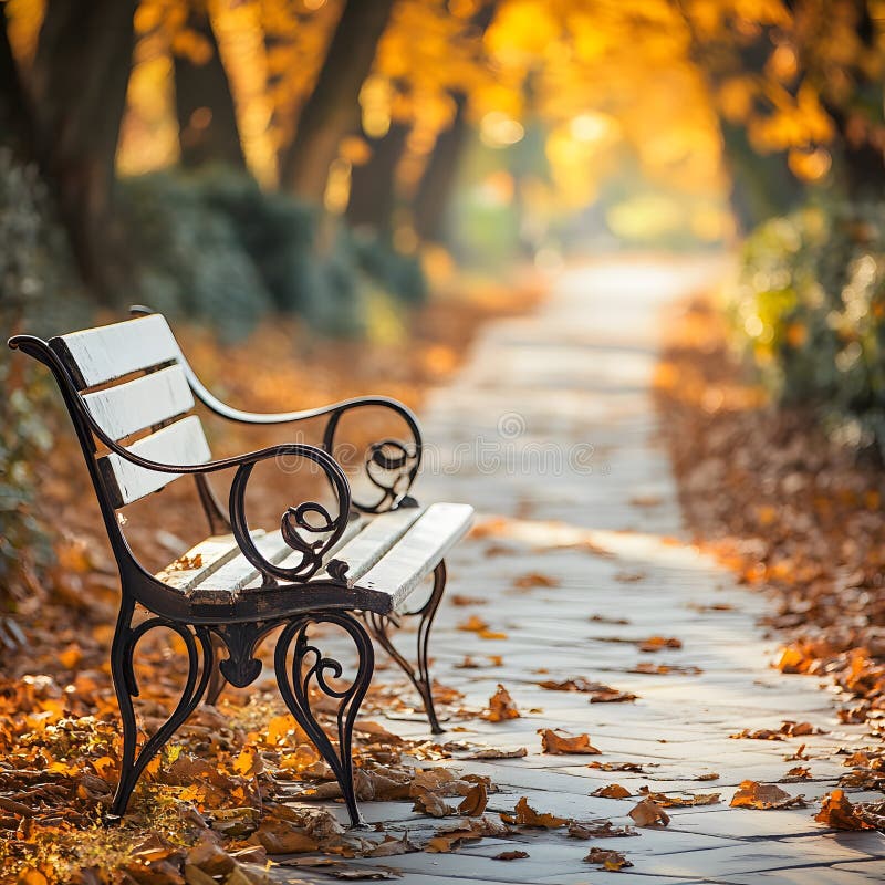 Autumn Park Bench Scene, Serene Fall Pathway Stock Photo Stock ...