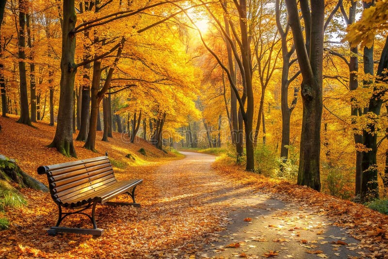 Autumn Park Bench, Sunlight Path, Golden Leaves, Peaceful Scene Stock ...
