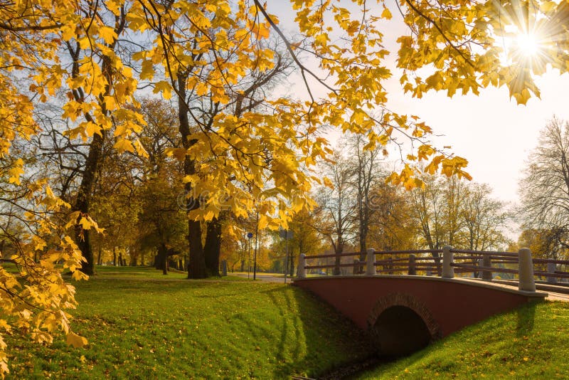 Autumn park with bridge stock image. Image of outdoors - 162766427