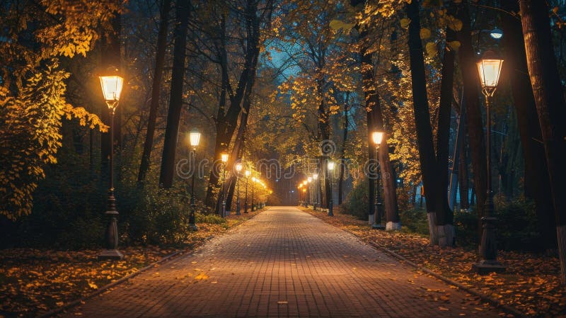 Autumn Park at Night Brick Path among Trees, Shadowy Streetlights ...