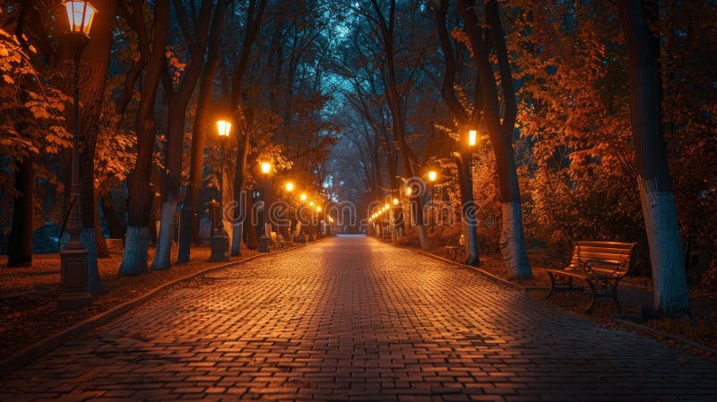Autumn Park at Night Tree Lined Brick Path with Streetlights Casting ...