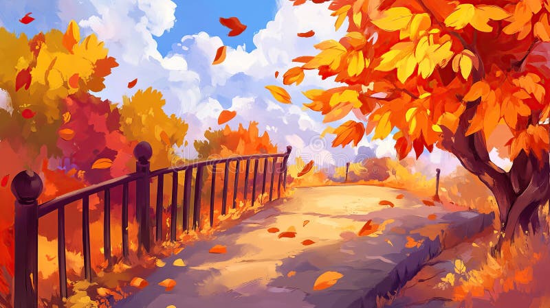 Autumn Park Path, Bridge, Leaves Falling, Sunny Sky, Idyllic Scene ...