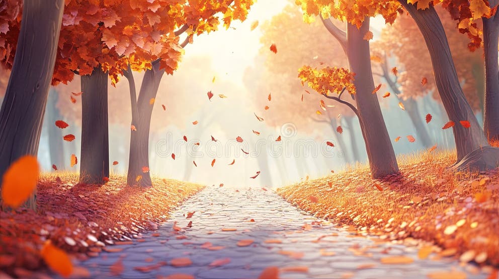 Autumn Park Path with Falling Leaves. Stock Photo - Image of green ...