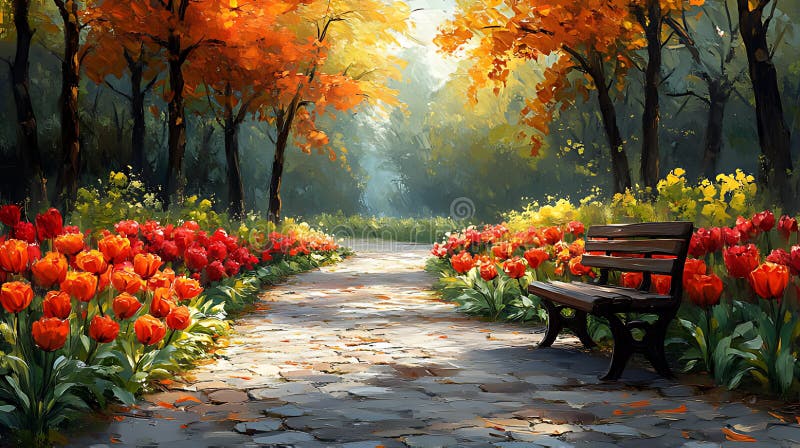 Autumn Park Path, Tulips, Bench, Sunlight, Peaceful Scene, Greeting ...
