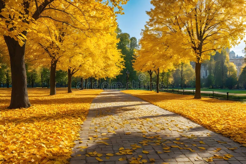 Autumn Park Pathway Lined with Golden Yellow Trees and Fallen Leaves ...