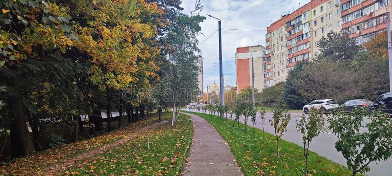 Autumn in the Park, Road and Buildings Editorial Photography - Image of ...