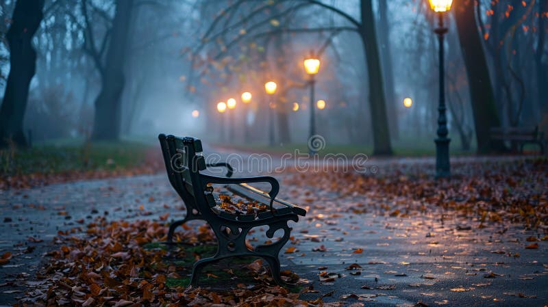 Autumn Park Scene Bench and Path Covered in Leaves Under Soft Fog and ...