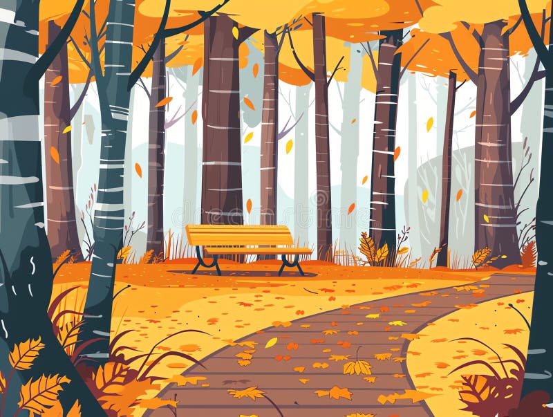 Autumn Park Scene with Bench and Pathway. Serene Fall Landscape Stock ...