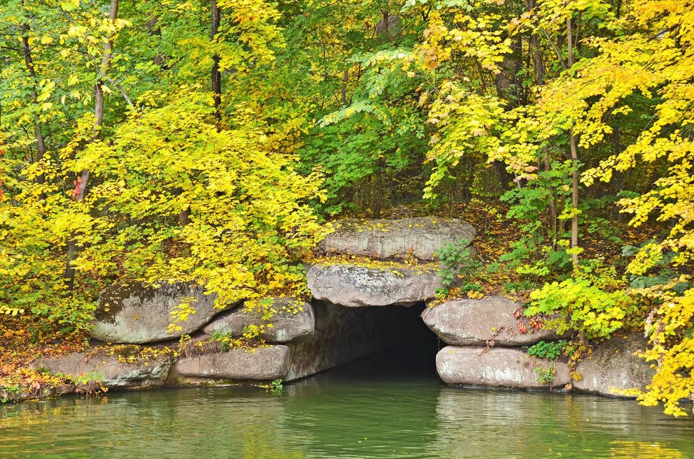 Autumn Park Tree Over Grotto Stock Image - Image of environment ...
