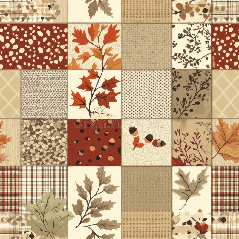 Autumn Patchwork Quilt Pattern Background with Fall Leaves Motifs Stock ...