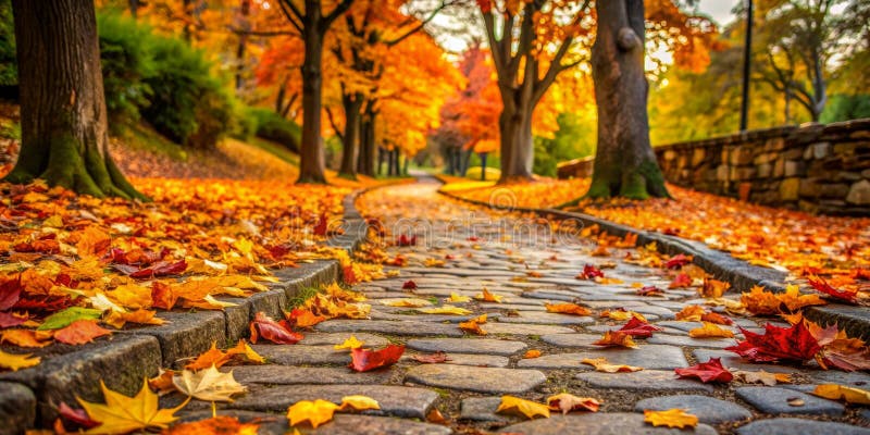 Autumn Path - Cobblestone Pathway through Fall Foliage in a Park Stock ...