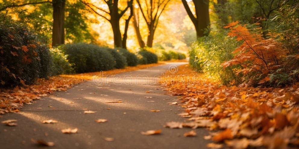 Autumn Path with Falling Leaves and Sunlight. Stock Image - Image of ...