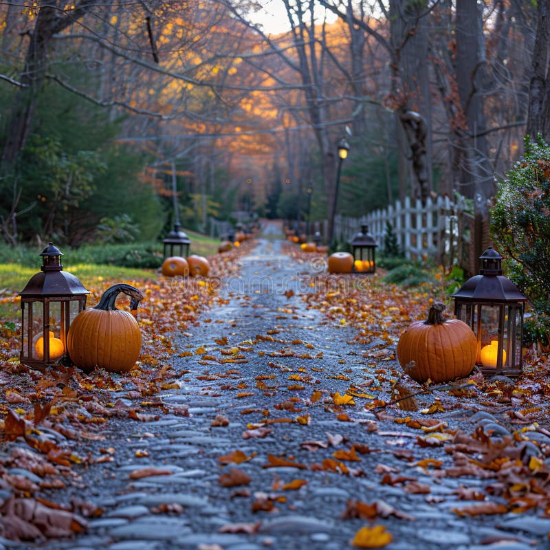 Autumn Path with Pumpkins and Lanterns Stock Illustration ...