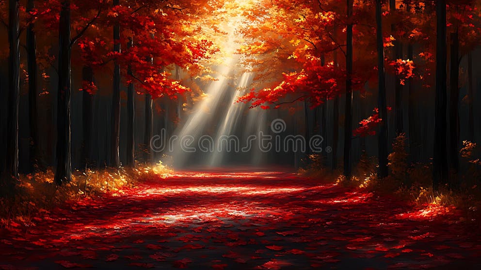 Autumn Path, Sun Rays, Red Leaves, Forest, Magical Scene Stock ...